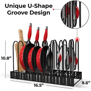 STORLUX Pot and Pan Organizer for Cabinet, Adjustable 8 Non-Slip Tiers Pot Rack with 3 DIY Methods, Kitchen Cabinet Organizer for Pots and Pans, Black Steel Cookware Organizer (UPGRADED)