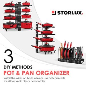 STORLUX Pot and Pan Organizer for Cabinet, Adjustable 8 Non-Slip Tiers Pot Rack with 3 DIY Methods, Kitchen Cabinet Organizer for Pots and Pans, Black Steel Cookware Organizer (UPGRADED)