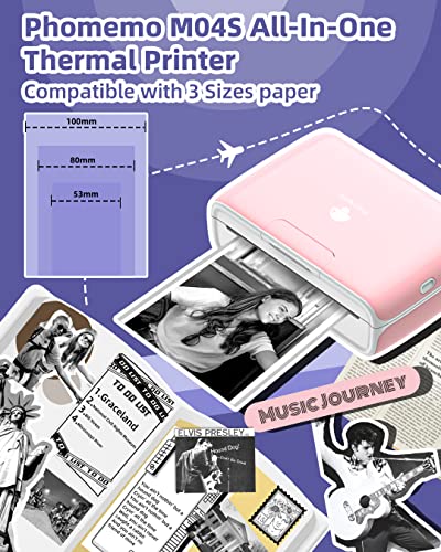 Phomemo M04S Portable Printer- Bluetooth Inkless Thermal Sticker Printer with 3 Rolls White Self-Adhesive Thermal Paper for Text, Notes, Memo, Photo, to-do List.