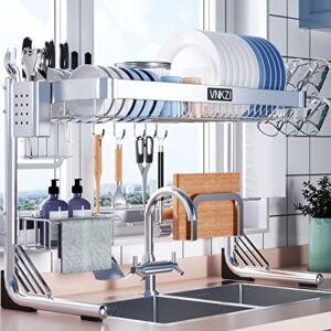 vnkzi over sink dish drying rack, 2 tier full stainless steel storage adjustable length (25.98”~36.61”) kitchen rack, multifunctional expandable counter organizer shelf, space saver dish rack