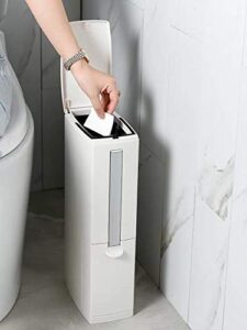 cq acrylic slim plastic trash can 1.3 gallon, trash can with toilet brush holder, 5 liter garbage can with press top lid, white rectangular modern waste can for bathroom