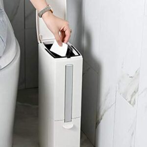 Cq acrylic Slim Plastic Trash Can 1.3 Gallon, Trash can with Toilet Brush Holder, 5 Liter Garbage Can with Press Top Lid, White Rectangular Modern Waste Can for Bathroom