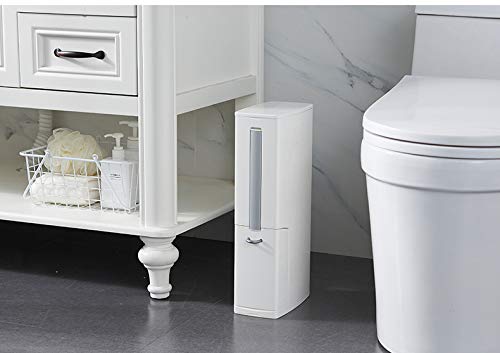 Cq acrylic Slim Plastic Trash Can 1.3 Gallon, Trash can with Toilet Brush Holder, 5 Liter Garbage Can with Press Top Lid, White Rectangular Modern Waste Can for Bathroom