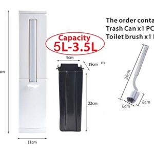 Cq acrylic Slim Plastic Trash Can 1.3 Gallon, Trash can with Toilet Brush Holder, 5 Liter Garbage Can with Press Top Lid, White Rectangular Modern Waste Can for Bathroom