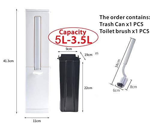 Cq acrylic Slim Plastic Trash Can 1.3 Gallon, Trash can with Toilet Brush Holder, 5 Liter Garbage Can with Press Top Lid, White Rectangular Modern Waste Can for Bathroom