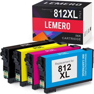 lemero 812xl remanufactured ink cartridge replacement for epson 812xl ink cartridges combo pack 812 t812 for workforce pro wf-7310, wf-7820, wf-7840, ec-c7000 printer (bk/c/m/y, 4-pack)