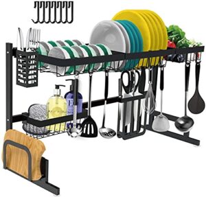 dish drying rack over the sink, adjustable（33.5-40.5in） large dish rack drainer for kitchen organization storage space saver shelf holder with 7 utility hooks dish rack over sink【fit sink 32″- 39″ l】