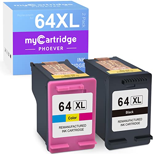 myCartridge PHOEVER Remanufactured Ink Cartridge Replacement for 64XL 64 XL N9J92AN N9J91AN for Envy Photo 7855 7858 6255 7155 7120 6252 7164 HP Tango Printer Ink (Black, Tri-Color, 2-Pack)