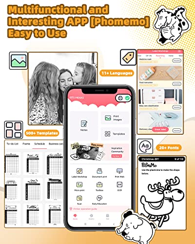 Memoqueen M04AS Mini Sticker Printer - Pocket Thermal Printer Wireless Portable Printer for iPhone with 3 Rolls 110mm Black on White Non-Adhesive Paper, Great for Memo, Notes, Photo, Journal