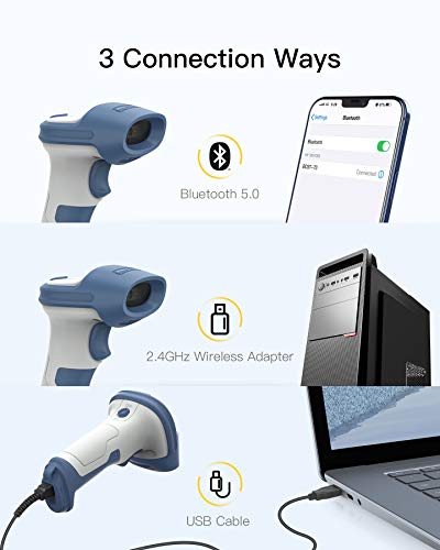 Inateck Bluetooth Barcode Scanner, 2D Wireless Barcode Scanner, Bluetooth 5.0 and 2.4Ghz Adapter, 3 in 1 Reader, Support GS1 Barcode, BCST-73 Blue White