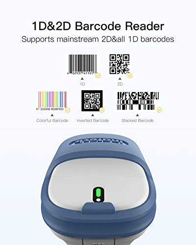 Inateck Bluetooth Barcode Scanner, 2D Wireless Barcode Scanner, Bluetooth 5.0 and 2.4Ghz Adapter, 3 in 1 Reader, Support GS1 Barcode, BCST-73 Blue White