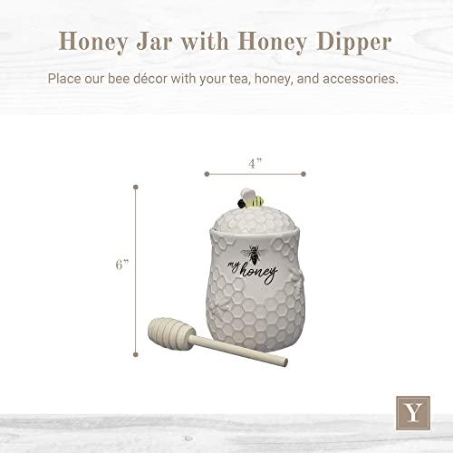 Young's Inc. Ceramic Honey Jar with Wooden Honey Dipper - Farmhouse Kitchen Decor - Tea Accessories