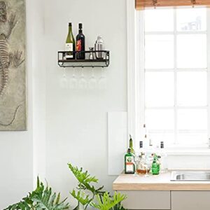 Mkono Wall Mounted Wine Rack - Bottle & Glass Holder Wood Rustic Floating Racks with Stemware Hanger Modern Plants Photos Wine Bottles Display Wall Storage Shelf for Kitchen Dining Room Home Bar