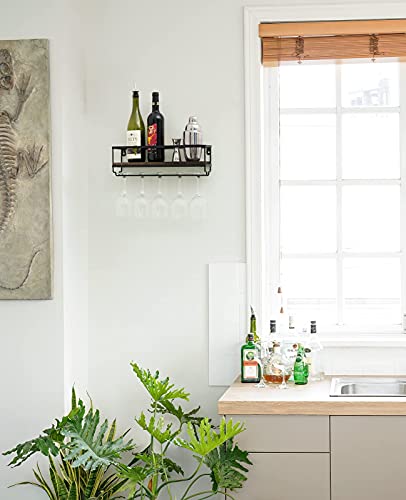 Mkono Wall Mounted Wine Rack - Bottle & Glass Holder Wood Rustic Floating Racks with Stemware Hanger Modern Plants Photos Wine Bottles Display Wall Storage Shelf for Kitchen Dining Room Home Bar