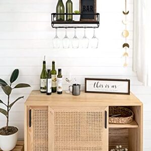 Mkono Wall Mounted Wine Rack - Bottle & Glass Holder Wood Rustic Floating Racks with Stemware Hanger Modern Plants Photos Wine Bottles Display Wall Storage Shelf for Kitchen Dining Room Home Bar