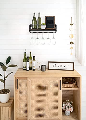 Mkono Wall Mounted Wine Rack - Bottle & Glass Holder Wood Rustic Floating Racks with Stemware Hanger Modern Plants Photos Wine Bottles Display Wall Storage Shelf for Kitchen Dining Room Home Bar