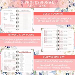 Tullofa Wedding Planner - Wedding Planner Book and Organizer for The Bride with 5 Tabbed Sections, 6.5" x 8.75", Hardcover with Metal Corner + 5 Inner Pocket + Sticker + Notes Pages - Purple White