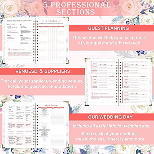 Tullofa Wedding Planner - Wedding Planner Book and Organizer for The Bride with 5 Tabbed Sections, 6.5" x 8.75", Hardcover with Metal Corner + 5 Inner Pocket + Sticker + Notes Pages - Purple White