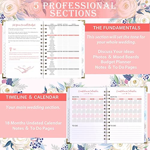 Tullofa Wedding Planner - Wedding Planner Book and Organizer for The Bride with 5 Tabbed Sections, 6.5" x 8.75", Hardcover with Metal Corner + 5 Inner Pocket + Sticker + Notes Pages - Purple White