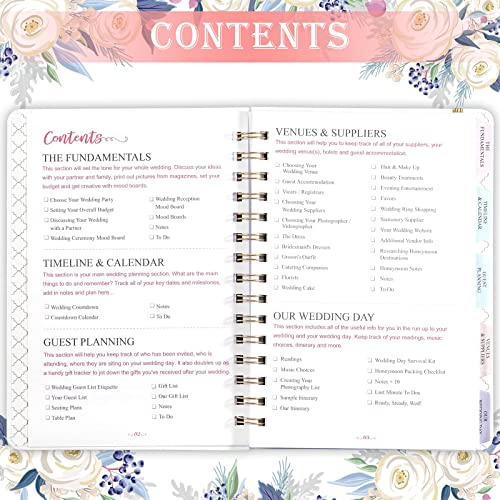 Tullofa Wedding Planner - Wedding Planner Book and Organizer for The Bride with 5 Tabbed Sections, 6.5" x 8.75", Hardcover with Metal Corner + 5 Inner Pocket + Sticker + Notes Pages - Purple White