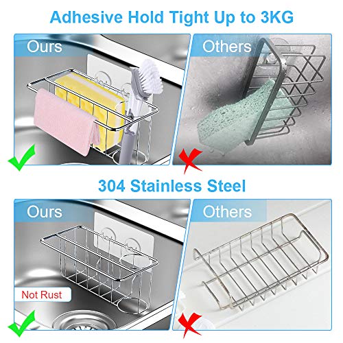 Sponge holder for kitchen sink, 3-in-1 Kitchen Sink Caddy with Adhesive Pad, SUS304 Stainless Steel Sink Sponge Holder, Kitchen Sink Organizer for Sponge, Dish Brush and Dish Towel, No Drilling