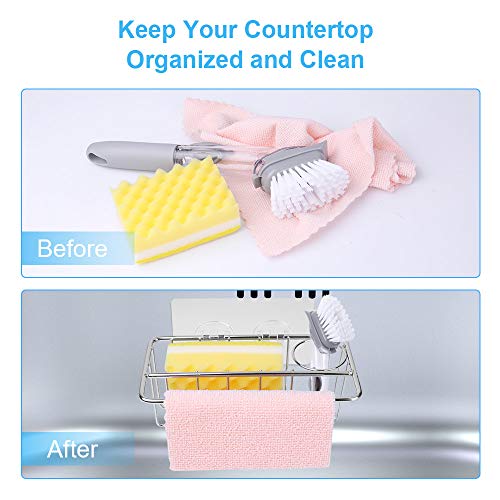 Sponge holder for kitchen sink, 3-in-1 Kitchen Sink Caddy with Adhesive Pad, SUS304 Stainless Steel Sink Sponge Holder, Kitchen Sink Organizer for Sponge, Dish Brush and Dish Towel, No Drilling