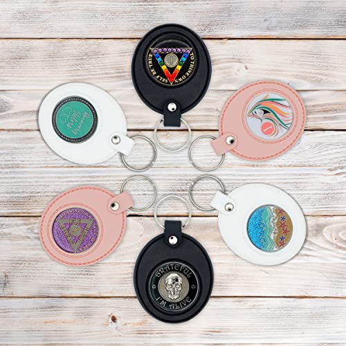 AA Coin Holder Keychain | Displays Both Sides of Sobriety Chips, Medallions, Recovery Coins, and Tokens | Also Fits Apple Airtag | Waterproof Scratchproof Soft Silicone Key Ring (Black)