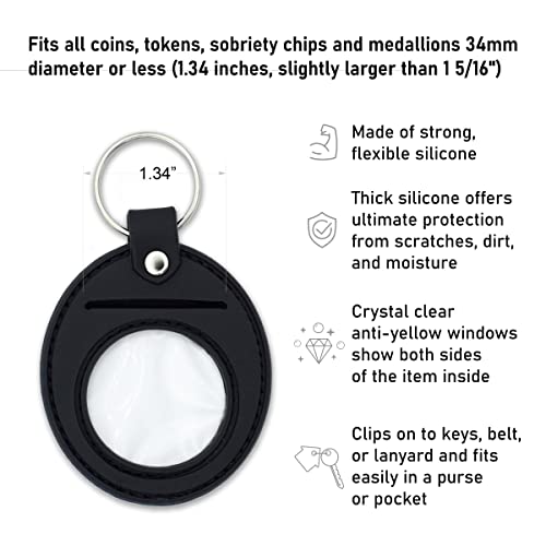 AA Coin Holder Keychain | Displays Both Sides of Sobriety Chips, Medallions, Recovery Coins, and Tokens | Also Fits Apple Airtag | Waterproof Scratchproof Soft Silicone Key Ring (Black)