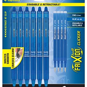 Pilot Frixion Erasable Pens - 6 Pack of Blue Ink Pens + 4 Bonus Refills - Frixion Clicker Erasable Pens Retractable Gel Ink Pen - Fine Point 0.7 mm Used for Rocketbook & Notebook