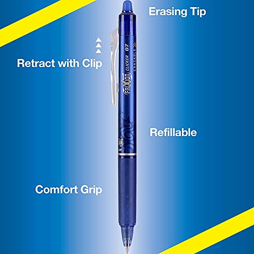 Pilot Frixion Erasable Pens - 6 Pack of Blue Ink Pens + 4 Bonus Refills - Frixion Clicker Erasable Pens Retractable Gel Ink Pen - Fine Point 0.7 mm Used for Rocketbook & Notebook