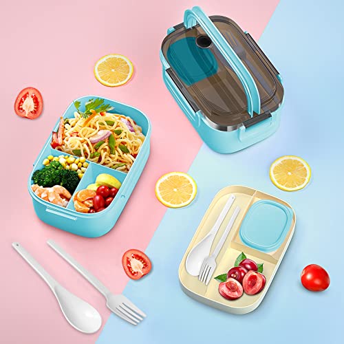 Kids Bento Box, 1.3ML Kids Lunch Box with Sauce Container and Cutlery, 6 Compartments Carrying Handle Bento Box with Bento-Style Tray, Great Bento Box Adult Lunch Box, Blue