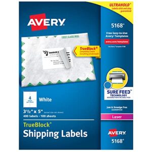 avery shipping address labels, laser printers, 400 labels, 3-1/2 x 5, permanent adhesive, trueblock (5168)