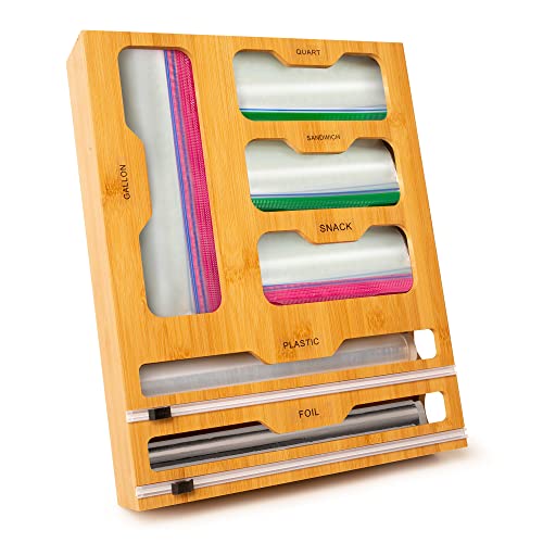 ZEMAKS Bamboo Ziplock bag organizer with foil and plastic wrap organizer for drawer with cutter, compatible with all ziplock bag sizes, any 12 inches roll and 13.5 inches wide drawer