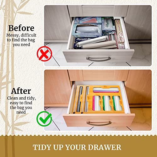 ZEMAKS Bamboo Ziplock bag organizer with foil and plastic wrap organizer for drawer with cutter, compatible with all ziplock bag sizes, any 12 inches roll and 13.5 inches wide drawer