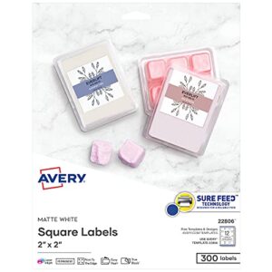 avery square labels for laser & inkjet printers, sure feed, 2″ x 2″, 300 white labels (22806)