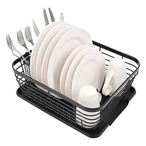 TQVAI Kitchen Dish Drainer Rack with Drying Board and Full-Mesh Silverware Utensils Holder, Black