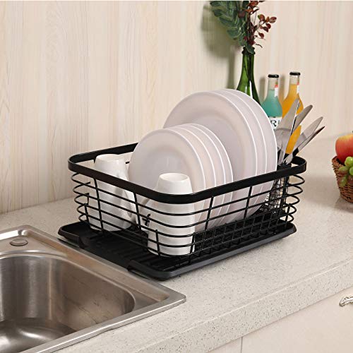 TQVAI Kitchen Dish Drainer Rack with Drying Board and Full-Mesh Silverware Utensils Holder, Black