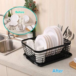 TQVAI Kitchen Dish Drainer Rack with Drying Board and Full-Mesh Silverware Utensils Holder, Black