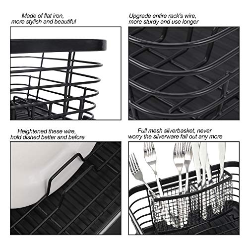 TQVAI Kitchen Dish Drainer Rack with Drying Board and Full-Mesh Silverware Utensils Holder, Black