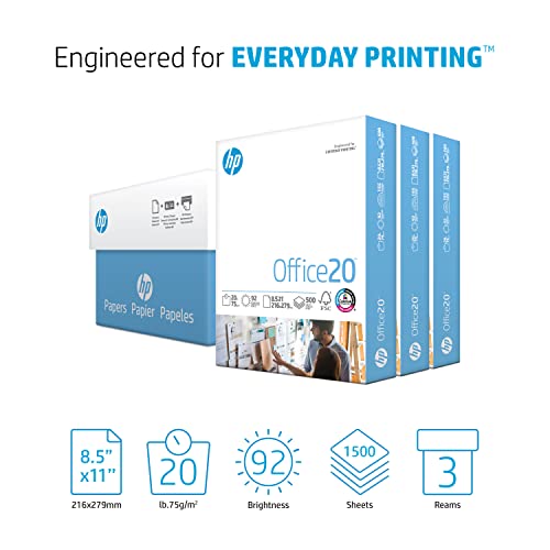 HP Printer Paper | 8.5 x 11 Paper | Office 20 lb | 3 Ream Case - 1500 Sheets | 92 Bright | Made in USA - FSC Certified | 112090C