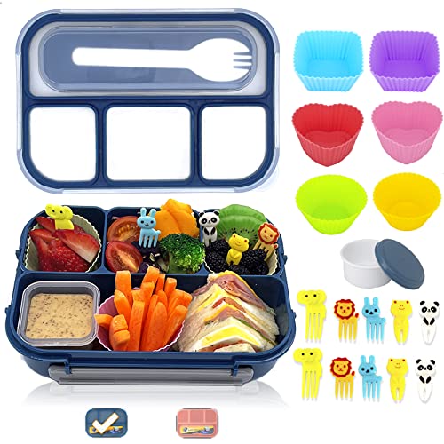 HappyRhino Bento Lunch Box for Kids Adult,4 Compartment Bento Box Adult Lunch Box Containers,Kids Lunch Box with Fun Accessories Silicone Food Cake Cups, Cute Food Picks for Kids,Easy to Clean (BLUE)