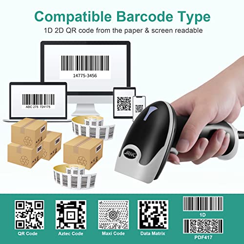 QR USB Barcode Scanner Wired Handheld Bar Code Scanner Reader JRHC Handheld USB Barcode Scanner Wired Automatic 2D 1D Bar Code Reader Plug and Play for Supermarket, Convenience Store, Warehouse…