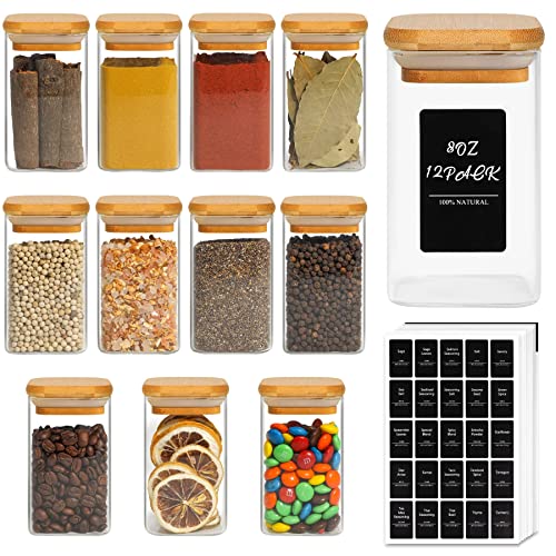 ComSaf 12Pcs Glass Spice Jars with Bamboo Lid, 8oz Airtight Square Spice Containers with 275 Black Lables, Empty Seasoning Jars for Spice Salt Sugar