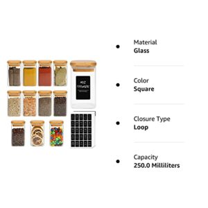 ComSaf 12Pcs Glass Spice Jars with Bamboo Lid, 8oz Airtight Square Spice Containers with 275 Black Lables, Empty Seasoning Jars for Spice Salt Sugar