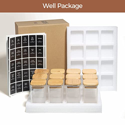 ComSaf 12Pcs Glass Spice Jars with Bamboo Lid, 8oz Airtight Square Spice Containers with 275 Black Lables, Empty Seasoning Jars for Spice Salt Sugar