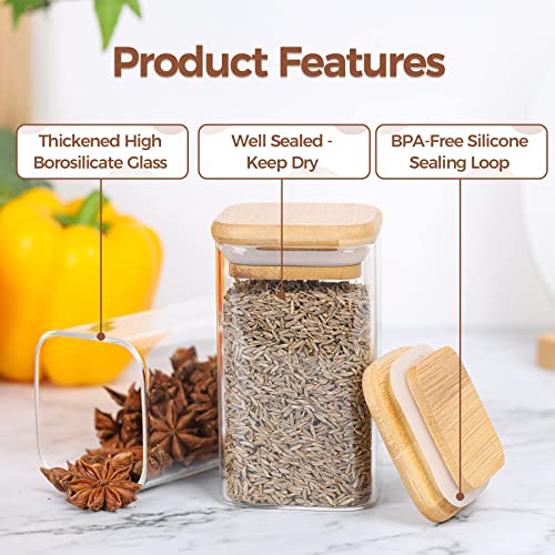 ComSaf 12Pcs Glass Spice Jars with Bamboo Lid, 8oz Airtight Square Spice Containers with 275 Black Lables, Empty Seasoning Jars for Spice Salt Sugar