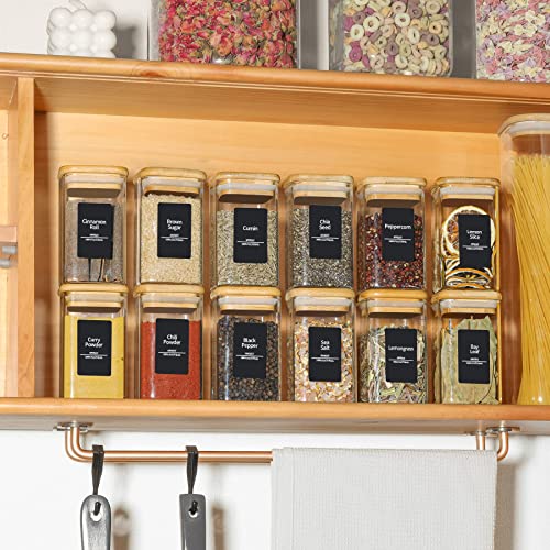 ComSaf 12Pcs Glass Spice Jars with Bamboo Lid, 8oz Airtight Square Spice Containers with 275 Black Lables, Empty Seasoning Jars for Spice Salt Sugar