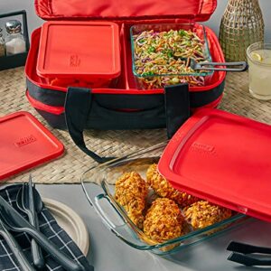 Pyrex Easy Grab 9-Piece Glass Baking Dish Set with Lids and Insulated Carrier, Glass Food Storage Containers with Insulated Bag and Hot/Cold Packs, Non-Toxic, BPA-Free Lids, Bakeware Set