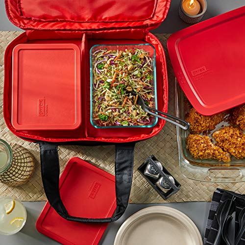 Pyrex Easy Grab 9-Piece Glass Baking Dish Set with Lids and Insulated Carrier, Glass Food Storage Containers with Insulated Bag and Hot/Cold Packs, Non-Toxic, BPA-Free Lids, Bakeware Set