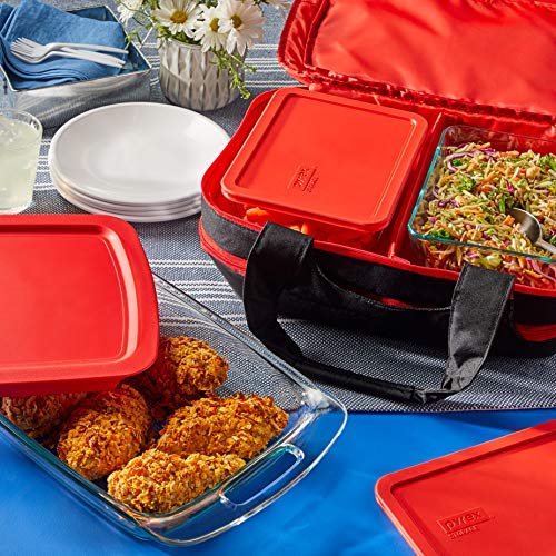 Pyrex Easy Grab 9-Piece Glass Baking Dish Set with Lids and Insulated Carrier, Glass Food Storage Containers with Insulated Bag and Hot/Cold Packs, Non-Toxic, BPA-Free Lids, Bakeware Set